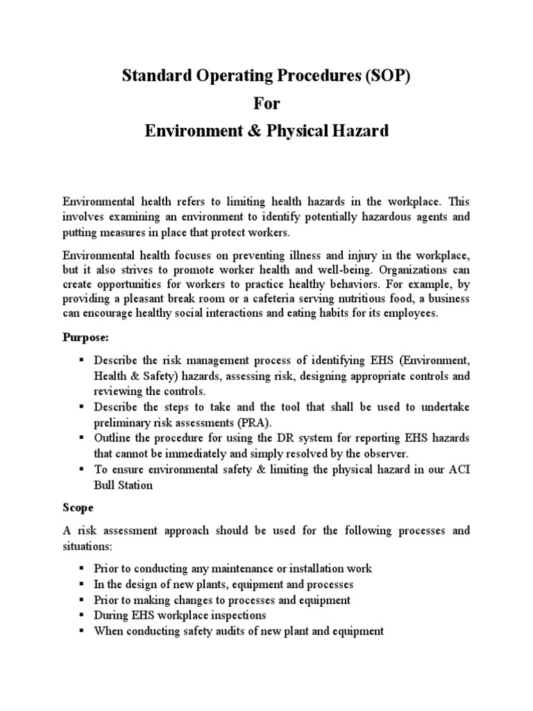 Standard Operating Procedures For Environment & Physical Hazard | PDF ...