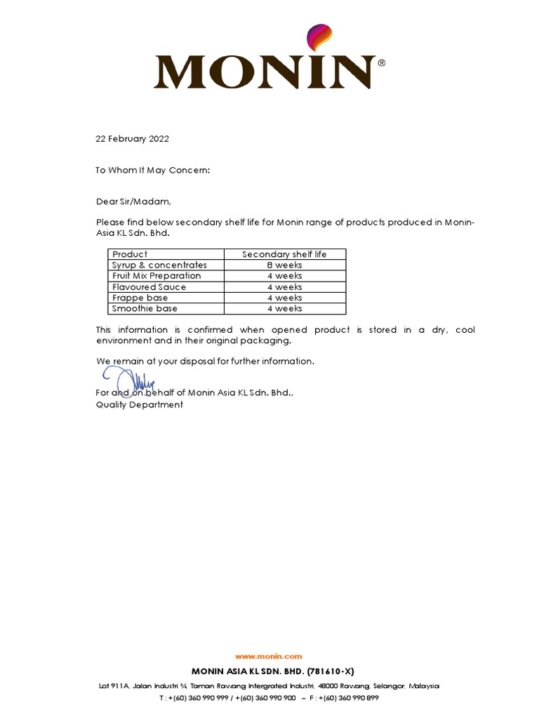 Letter For Secondary Shelf-Life | PDF
