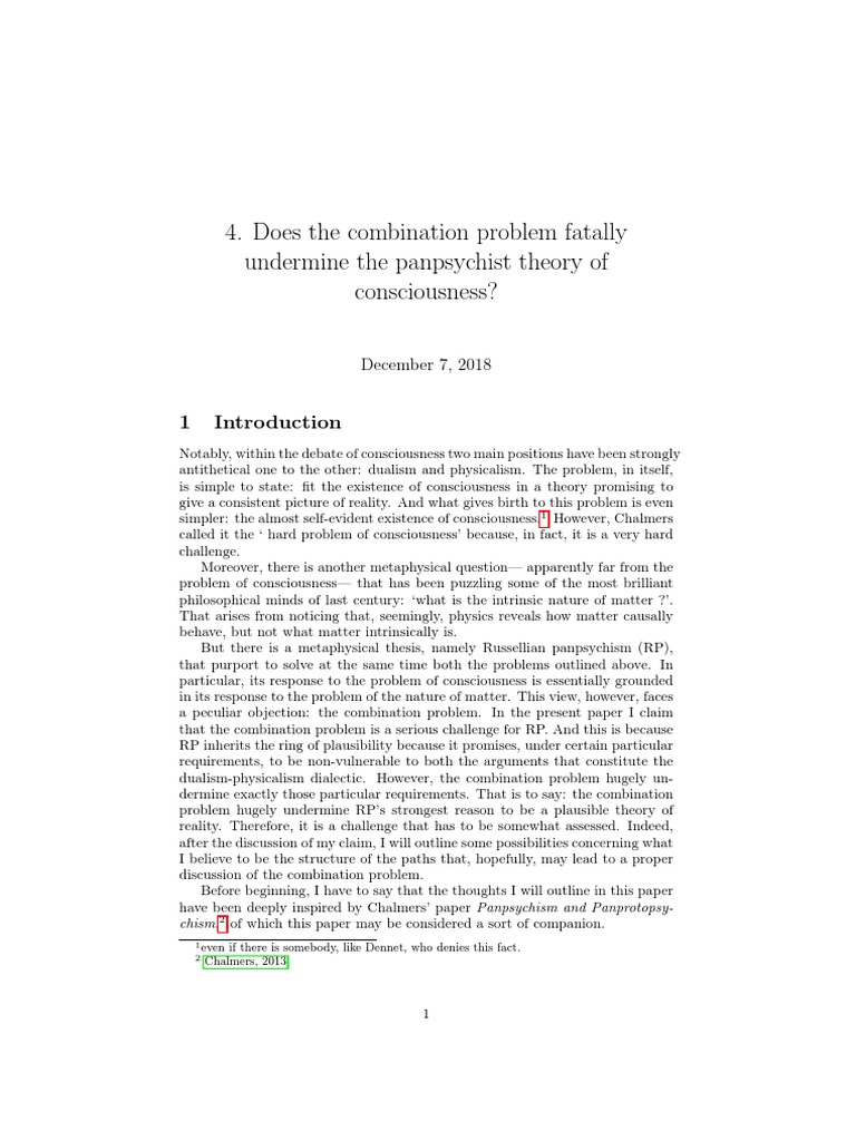 Does The Combination Problem Fatally Undermine The Panpsychist Theory of Consciousness? | PDF ...