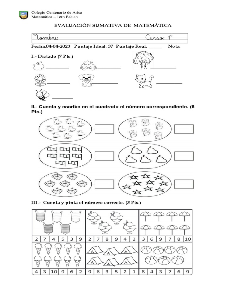 Evaluación Sumativa 1 (Matemática) | PDF