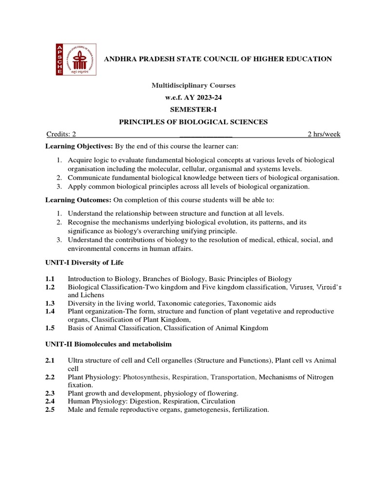 Principles of Biological Sciences Syllabus | PDF | Biology | Plants