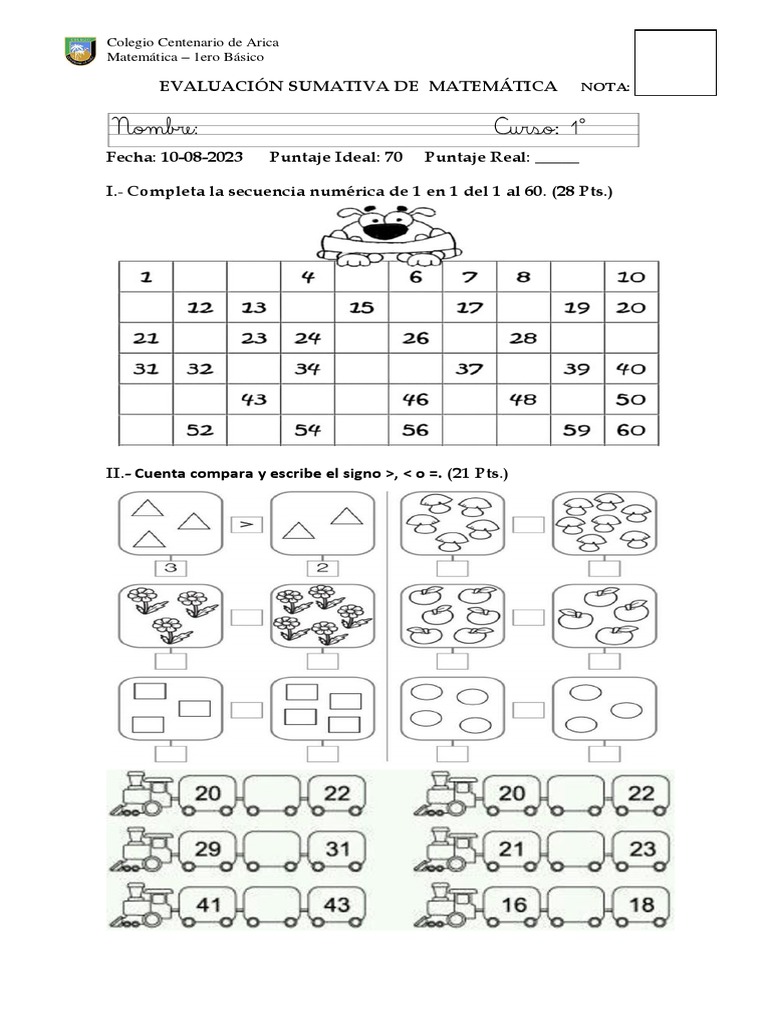 Evaluación Sumativa 5 (Matemática) SEGUNDO SEMESTRE (Mayor, Menor o ...