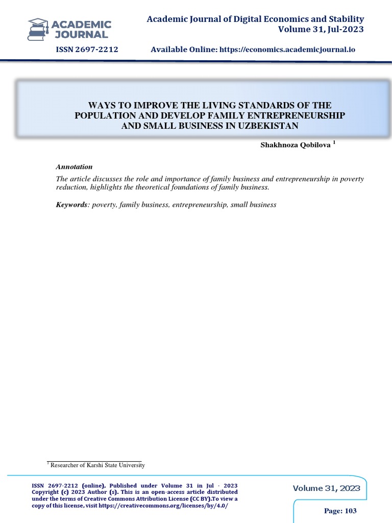 Ways To Improve The Living Standards of The Population and Develop Family Entrepreneurship and ...