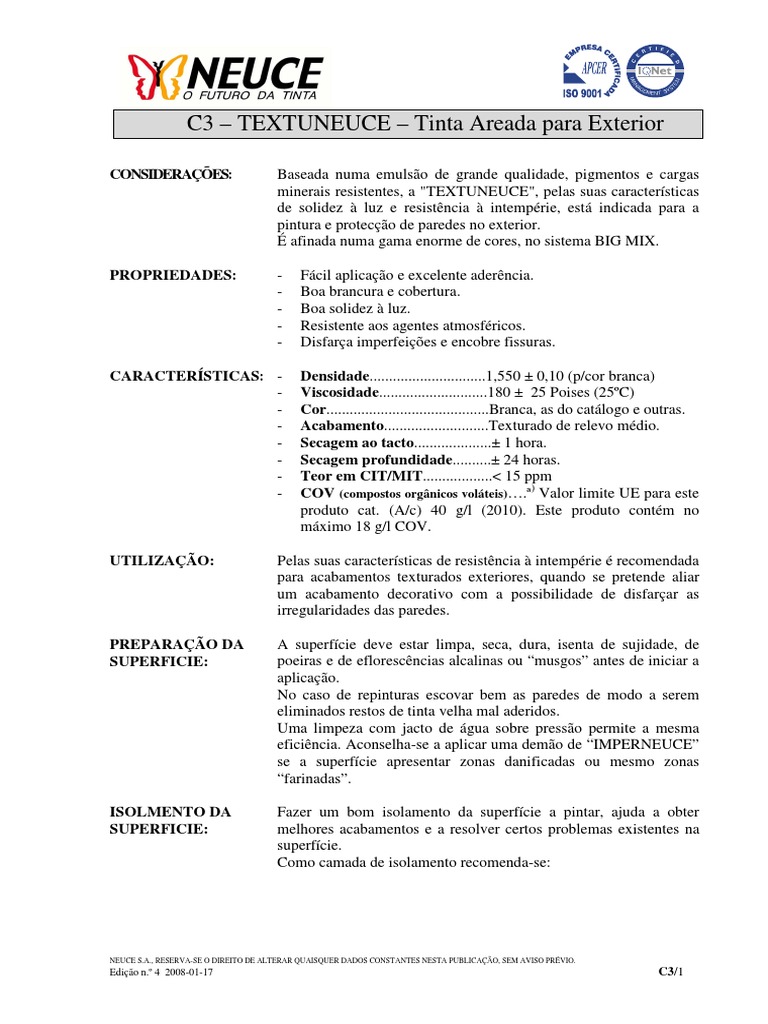 Ficha Tec. C 3 TEXTUNEUCE - Tinta Areada para Exterior | PDF