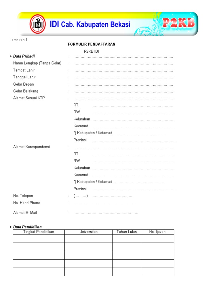 Formulir Pendaftaran P2KB IDI Cab Kab Bekasi | PDF