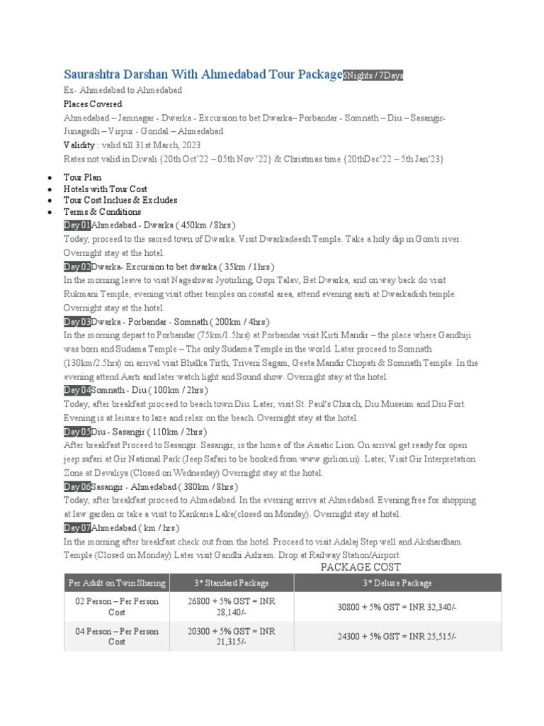 Saurashtra Darshan With Ahmedabad Tour Package6Nights | PDF | Transport