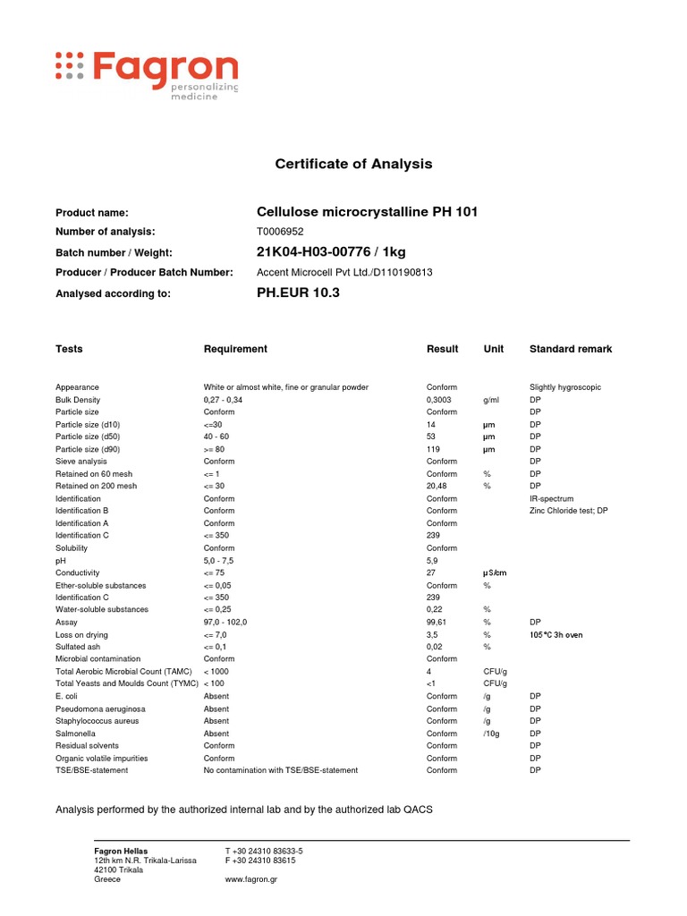 COA_21-00-010_CELLULOSE+MICROCRYSTALLINE+PH+101+1+KG_21K04-H03-00776_(EN) | PDF