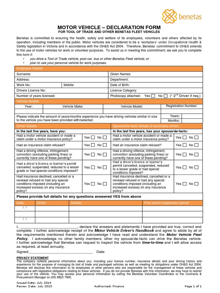 Form Motor Vehicle Employee Declaration | PDF | Driver's License ...