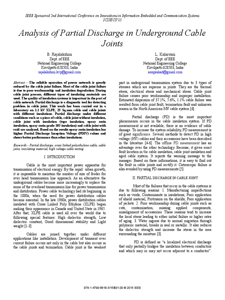 Analysis Of Partial Discharge In Underground Cable Joints Pdf Insulator Electricity