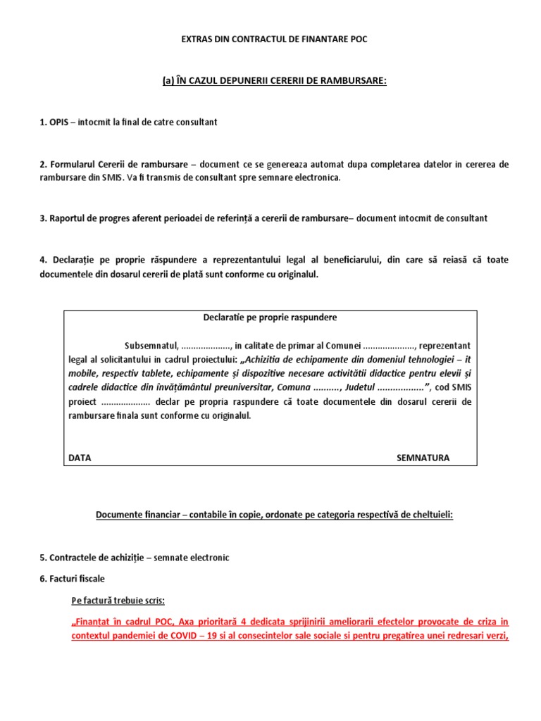 Documente necesare pentru cerere de rambursare finala POC | PDF