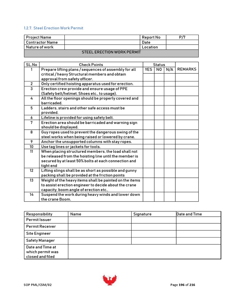 Steel Erection Work Permit Checklist | PDF