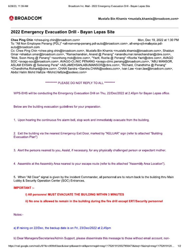 Broadcom Email - 2022 Emergency Evacuation Drill - Guideline (Dec2022 ...