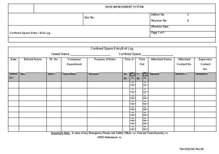 Confined Space Entry Log | PDF