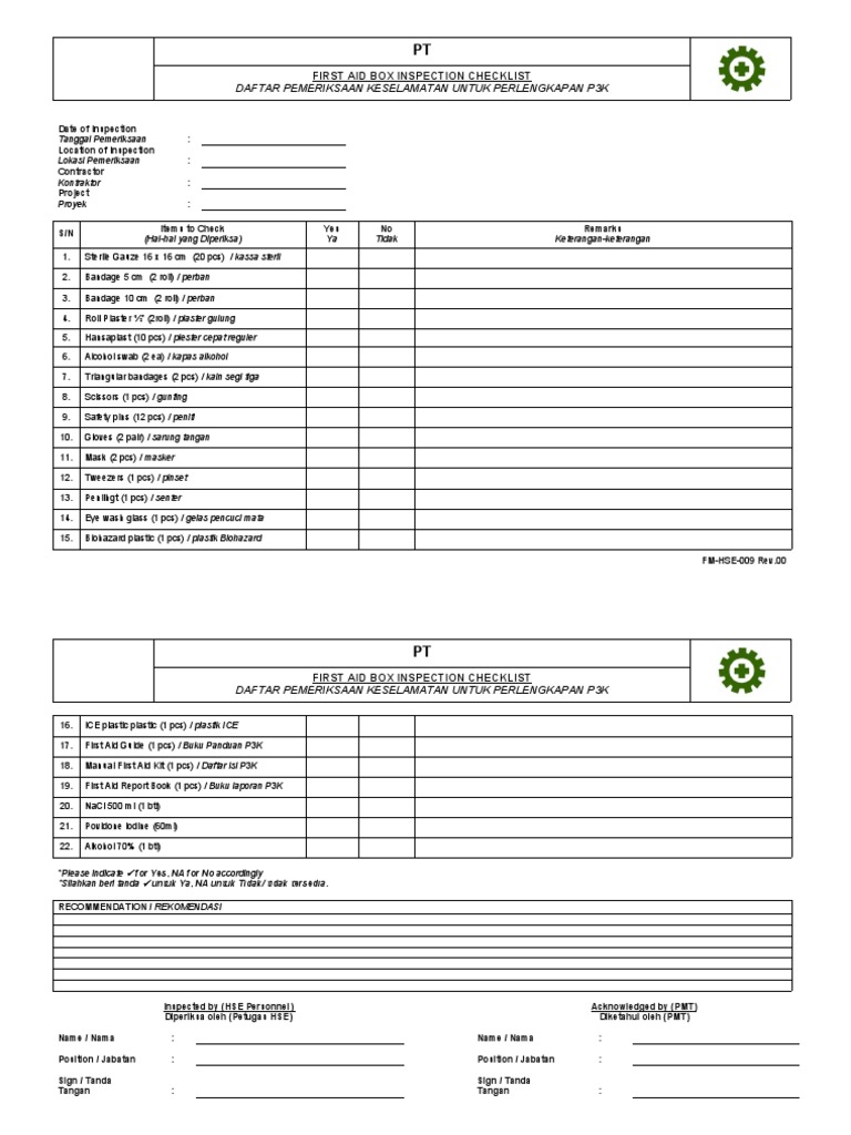 First Aid Box Inspection Checklist | PDF