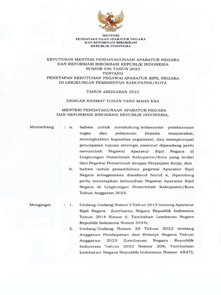 KEMENPAN RB NO. 546 Tahun 2023 - SK FORMASI | PDF