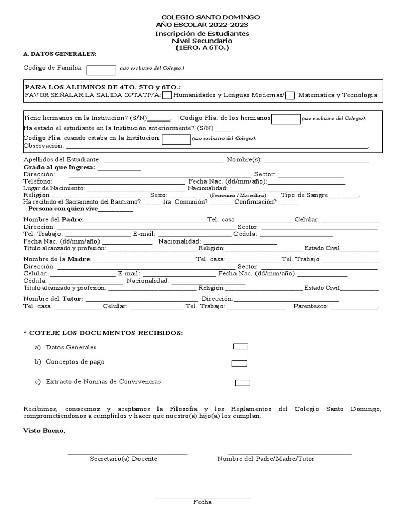 Formulario Inscripción 2do A 6to Nivel Secundario CSD | PDF | Rituales religiosos | Sacramentos