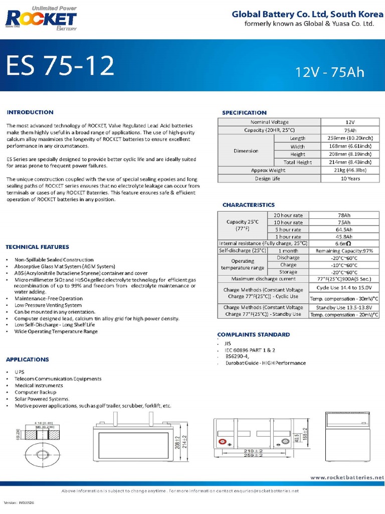 Roket Battery ES 75 12 AGM VRLA 12V 75ah | PDF