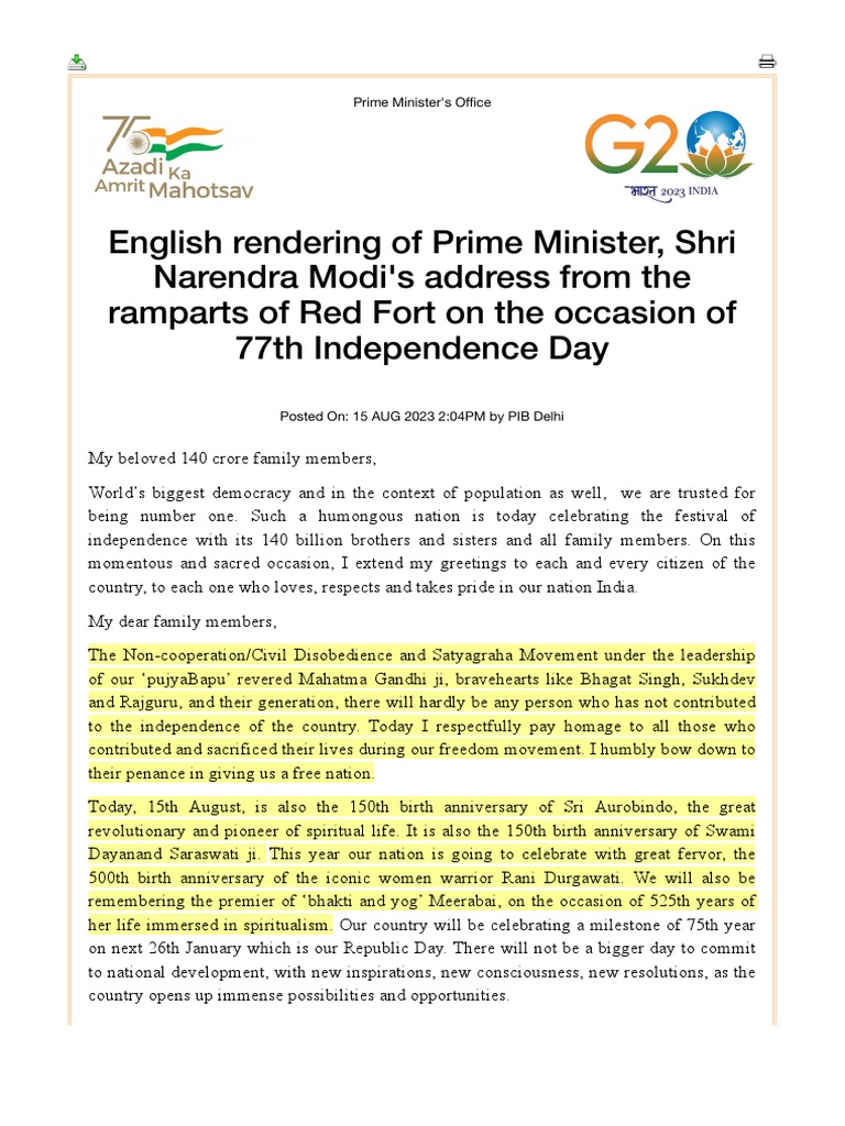 15th August PM Speech | PDF