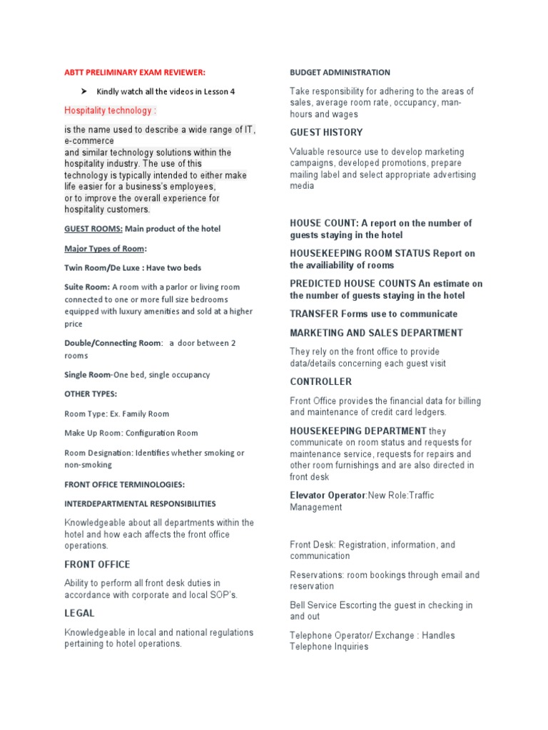 Abtt Preliminary Exam Reviewer | PDF | Meal | Hotel
