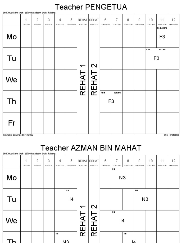 SMK Muadzam Shah Timetable 2022 | PDF