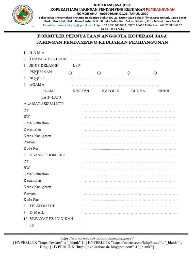 Form Anggota Koperasi Jasa JPKP | PDF