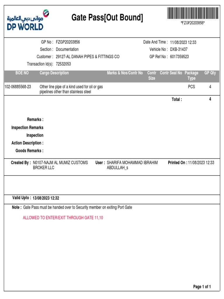 Gate Pass - Order No 4000000138 SO 23-1-03-05692 | PDF