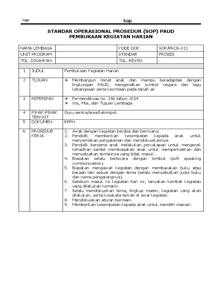 11 SOP PAUD PEMBUKAAN KEGIATAN HARIAN Ok | PDF | Karier & Perkembangan