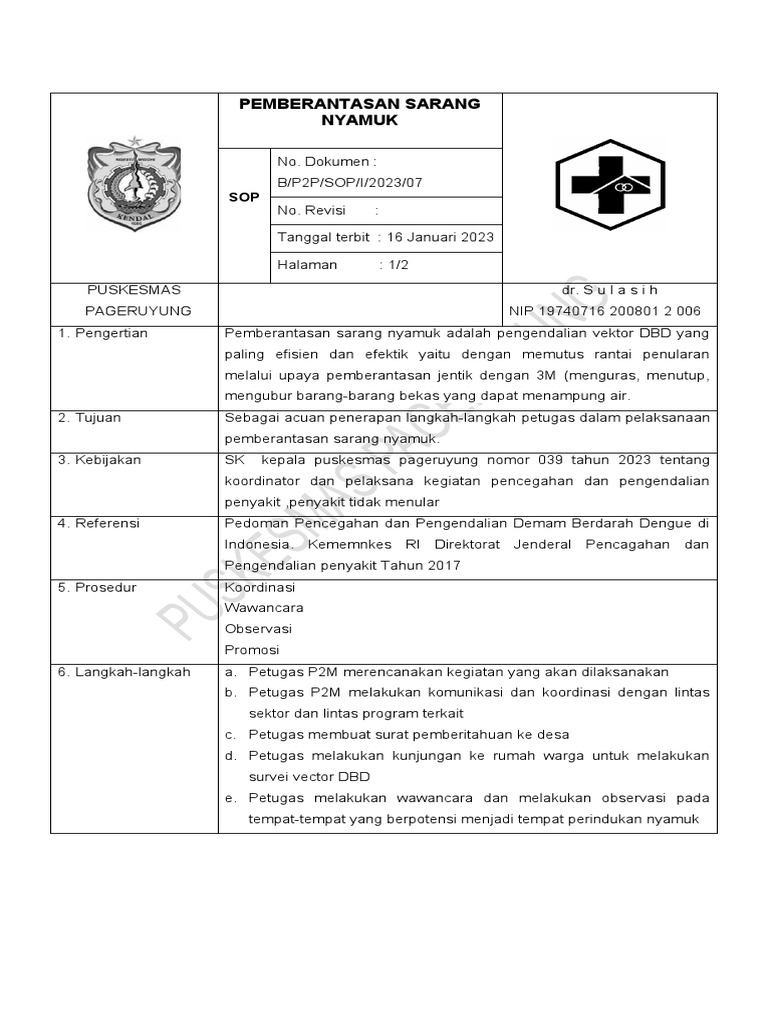 SOP Pemberantasan Sarang Nyamuk DBD | PDF | Bisnis | Teknologi & Rekayasa