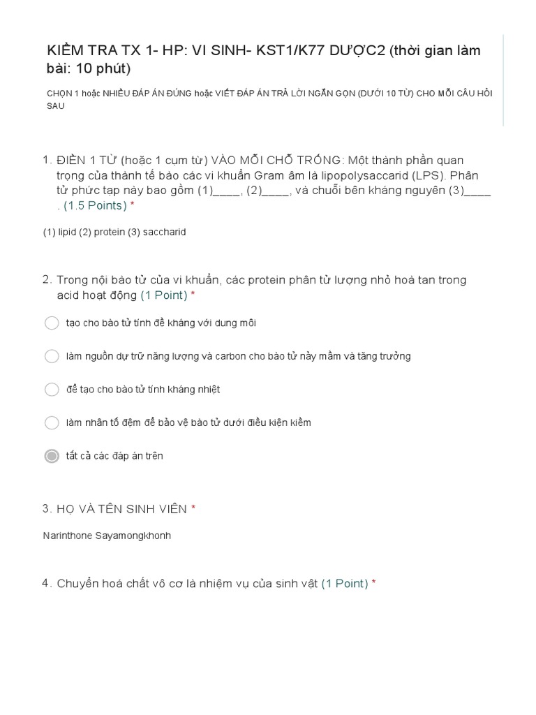 Kiểm Tra TX 1- Hp- Vi Sinh- Kst1-k77 Dược2 (Thời Gian Làm Bài- 10 Phút) | PDF