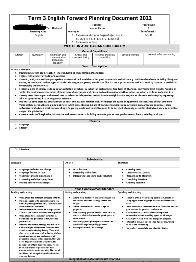 Year 1 English Forward Planning 2022 | PDF | Language Arts & Discipline