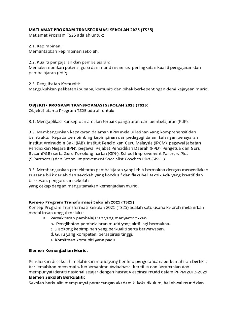 Matlamat Program Transformasi Sekolah 2025 | PDF
