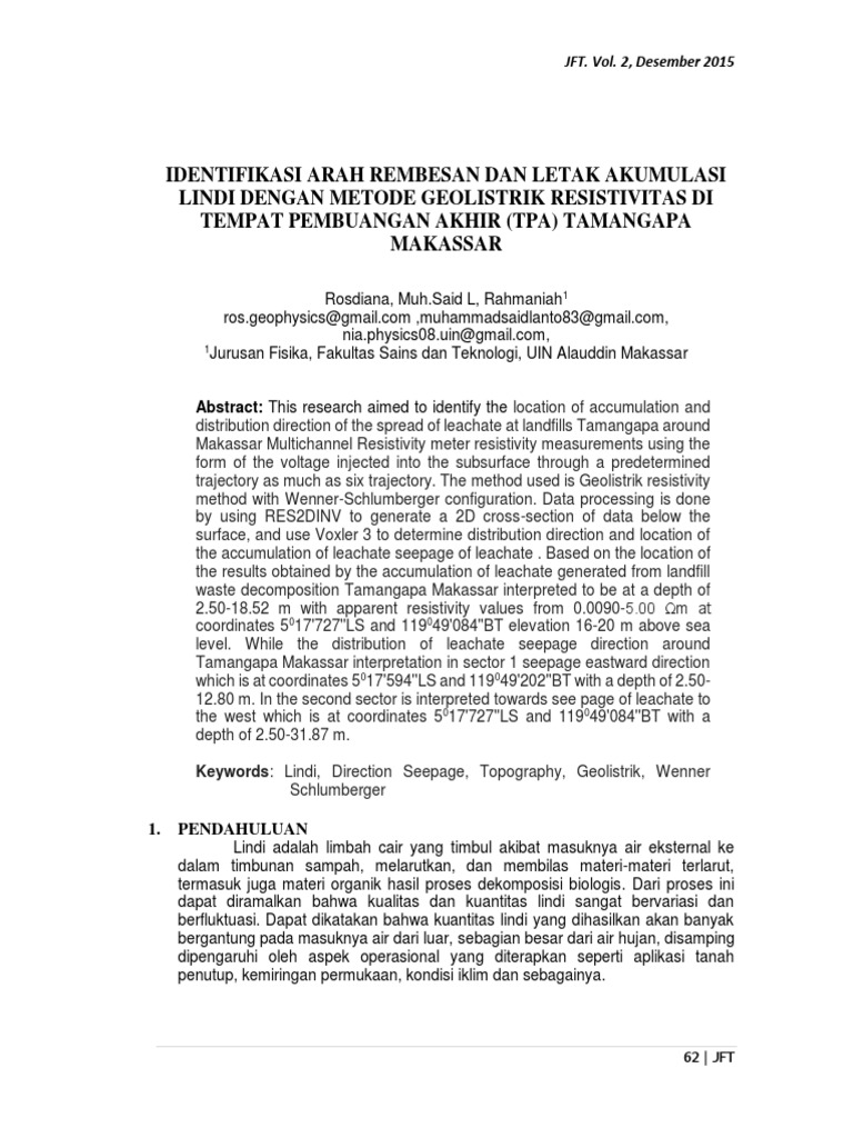 Identifikasi Arah Rembesan Dan Letak Akumulasi Lindi Dengan Metode ...