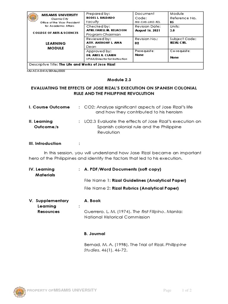 RIZAL COURSE Module 2.3 2nd Revision | PDF | Social Science