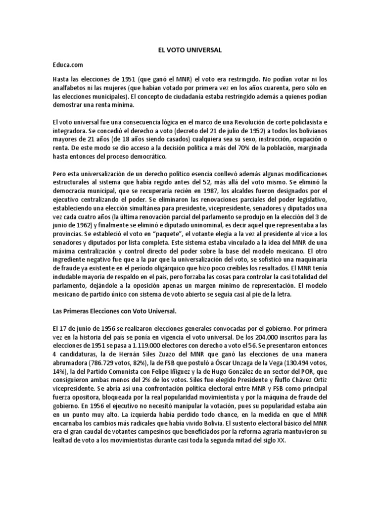 Voto Universal en Bolivia: 1956 y su Impacto | PDF