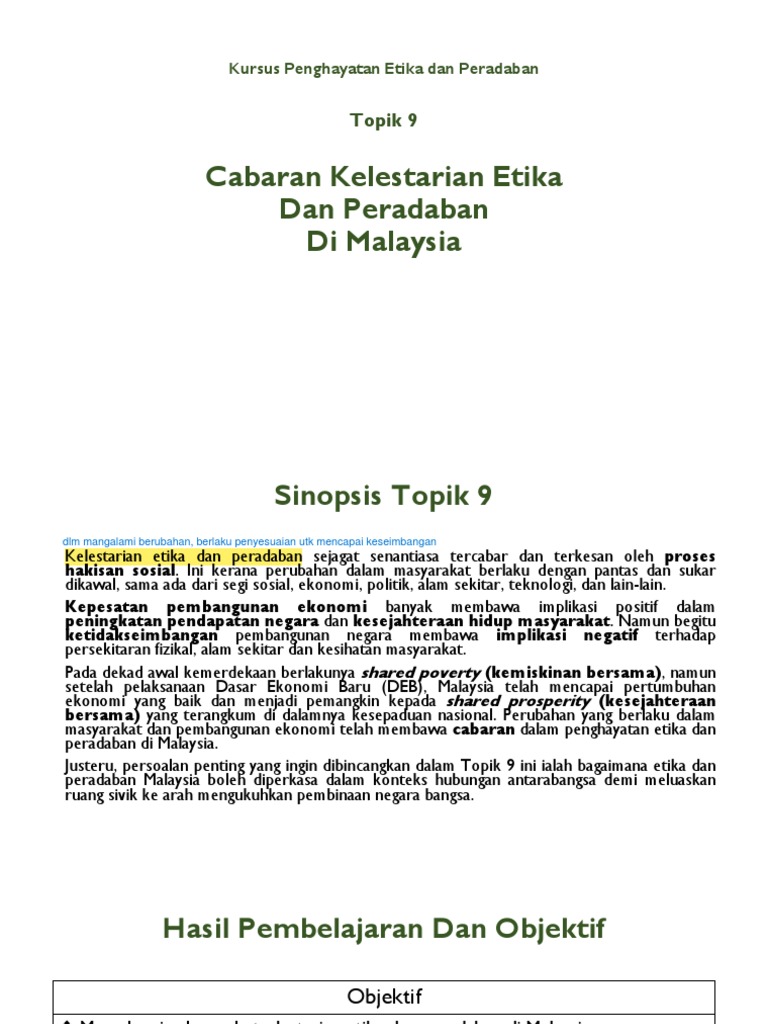 Topik 9 - Cabaran Kelestarian Etika Dan Peradaban | PDF