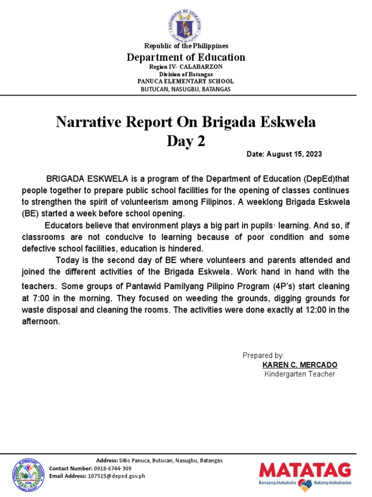 Narrative Report On Brigada Eskwela Day 2 | PDF