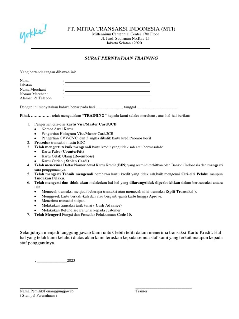 Surat Pernyataan Training Mti | PDF