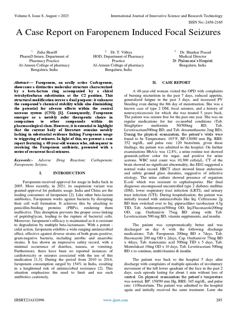 A Case Report On Faropenem Induced Focal Seizures | PDF | Alanine ...
