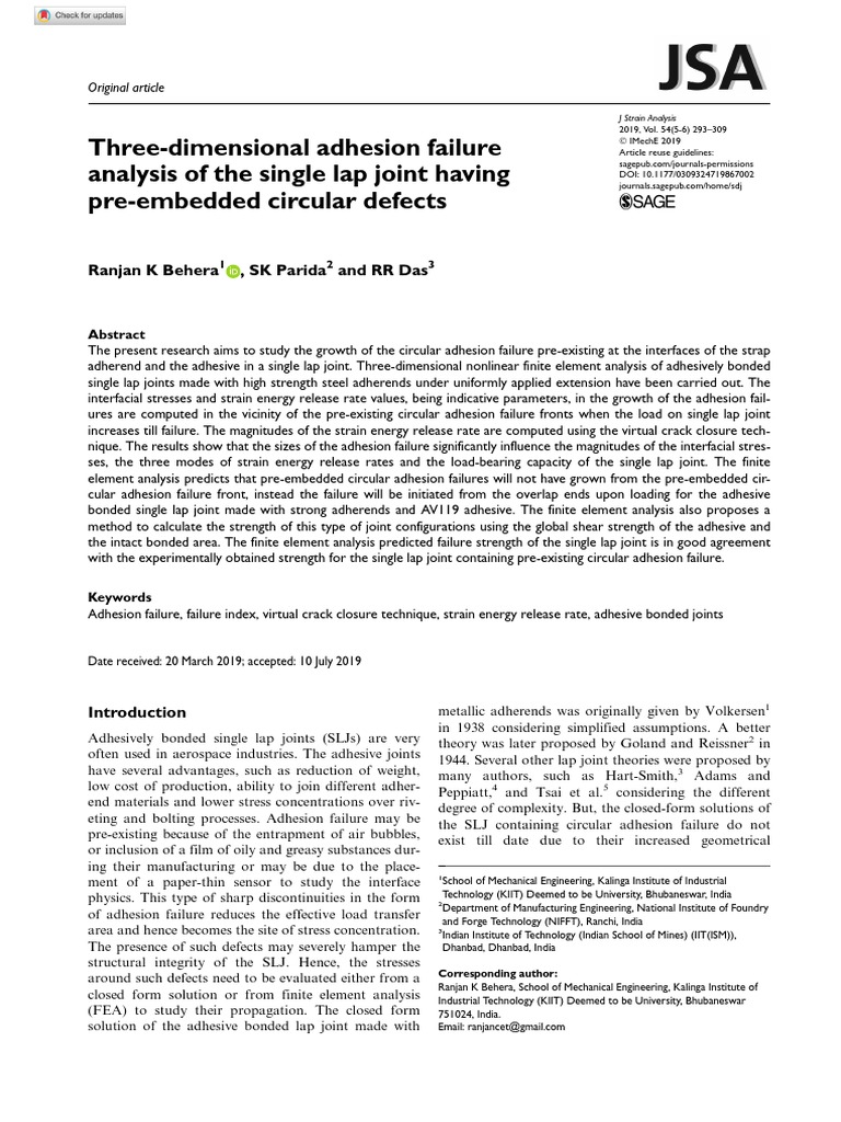 Three-Dimensional Adhesion Failureanalysis of The Single Lap Joint Havingpre-Embedded Circular ...