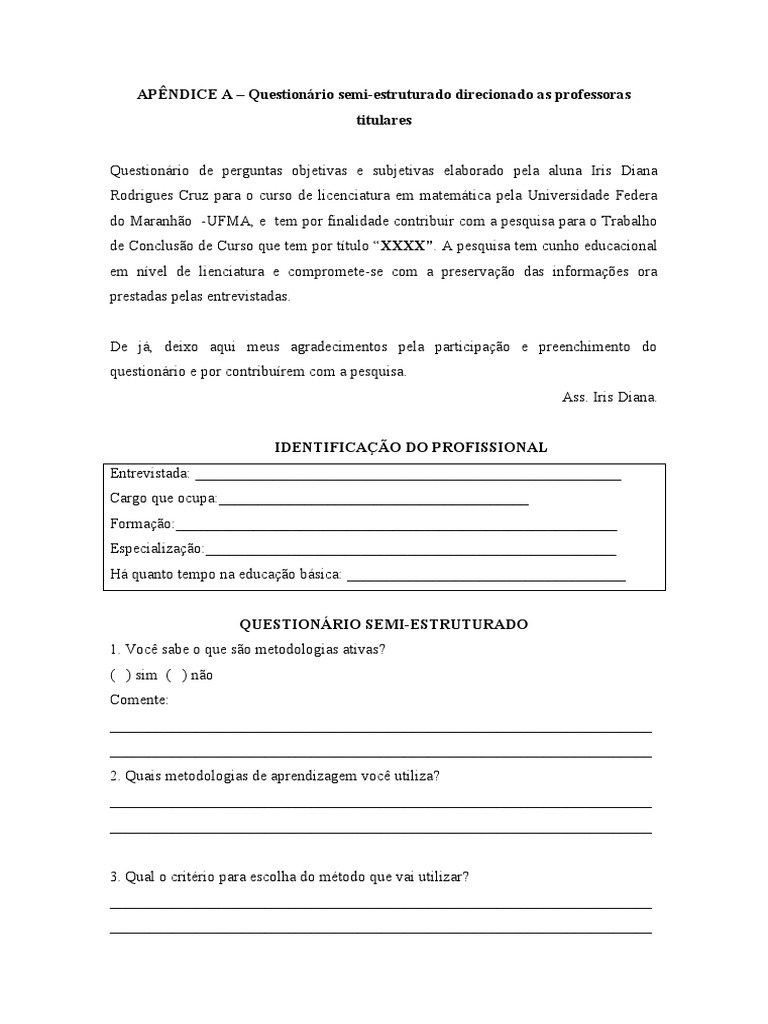 Apêndice A. Modelo Questionario Semi Estruturado | PDF
