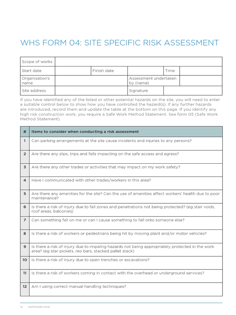 Form 4 Site Specific Risk Assessment | PDF