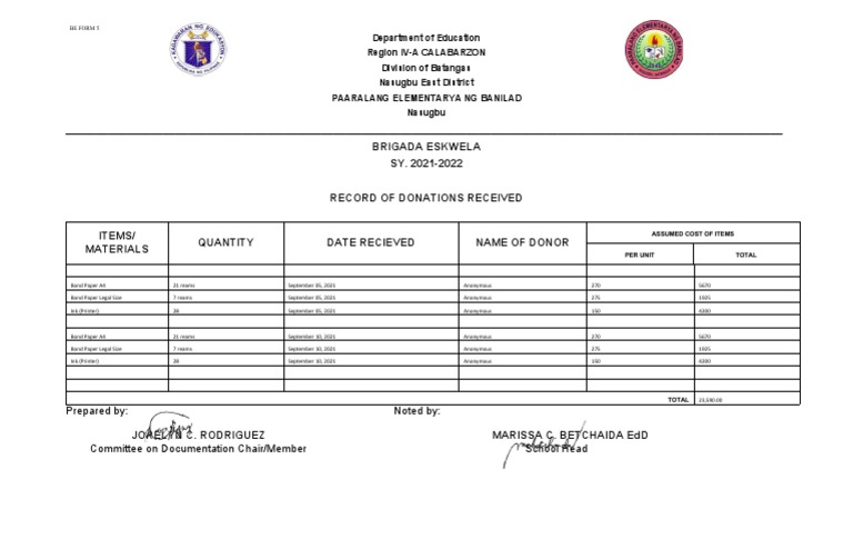 Brigada Eskwela Form 5 Records of Donations Received | PDF | Paper ...