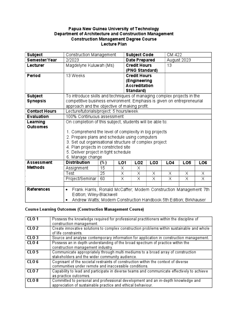CM 422 Lecture Plan 2023 | PDF | Lecture | Learning