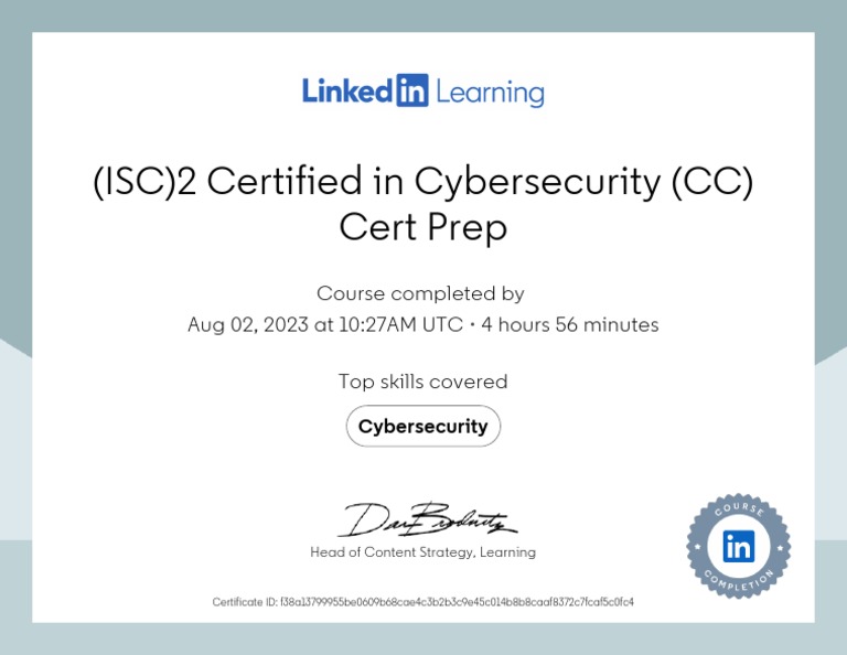 CertificateOfCompletion_ISC2 Certified in Cybersecurity CC Cert Prep | PDF