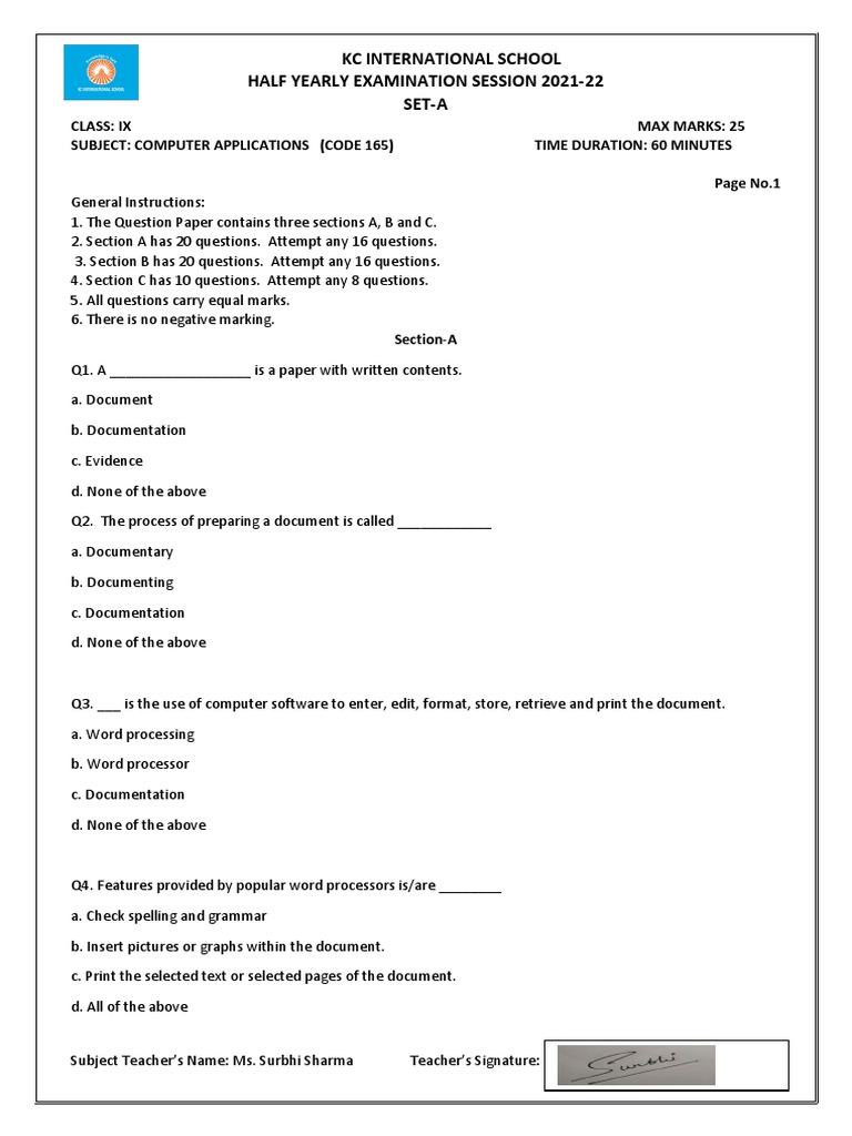 Class 9 Computer Half Yearly Exam 2021-22 | PDF | Microsoft Power Point ...