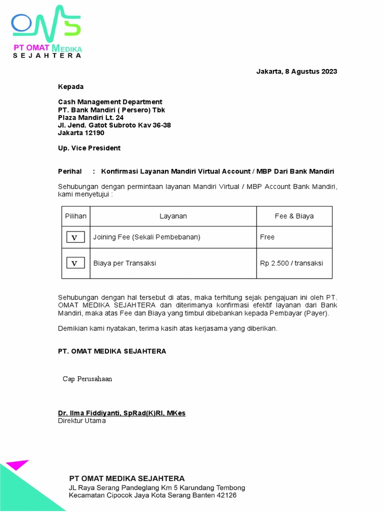 Mva Confirm Letter (Cetak Kop Surat) PT Omat Medika Sejahtera | PDF