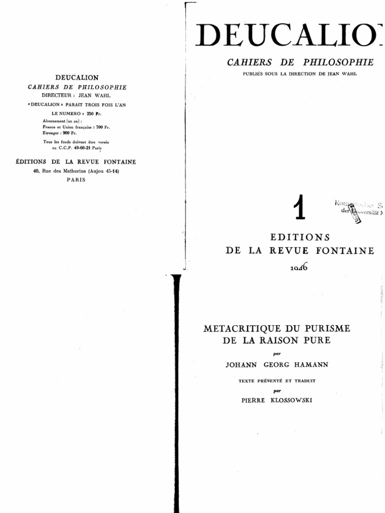 Johann Georg Hamann - Métacritique Du Purisme de La Raison Pure | PDF Johann Georg Hamann - Métacritique Du Purisme de La Raison Pure | PDF