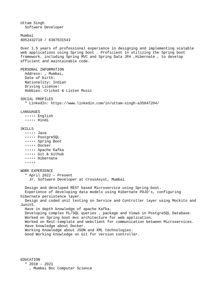 Go Lang - Resume - Software Developer | PDF