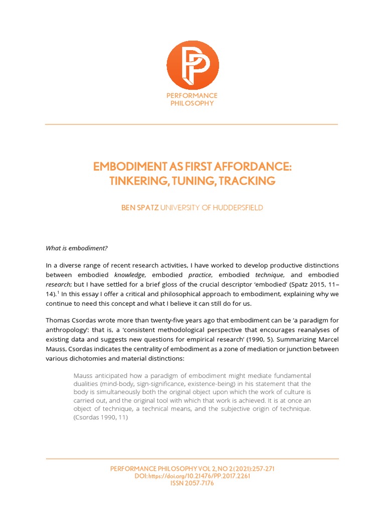 SPATZ - Ben - Embodiment As First Affordance | PDF | Embodied Cognition ...