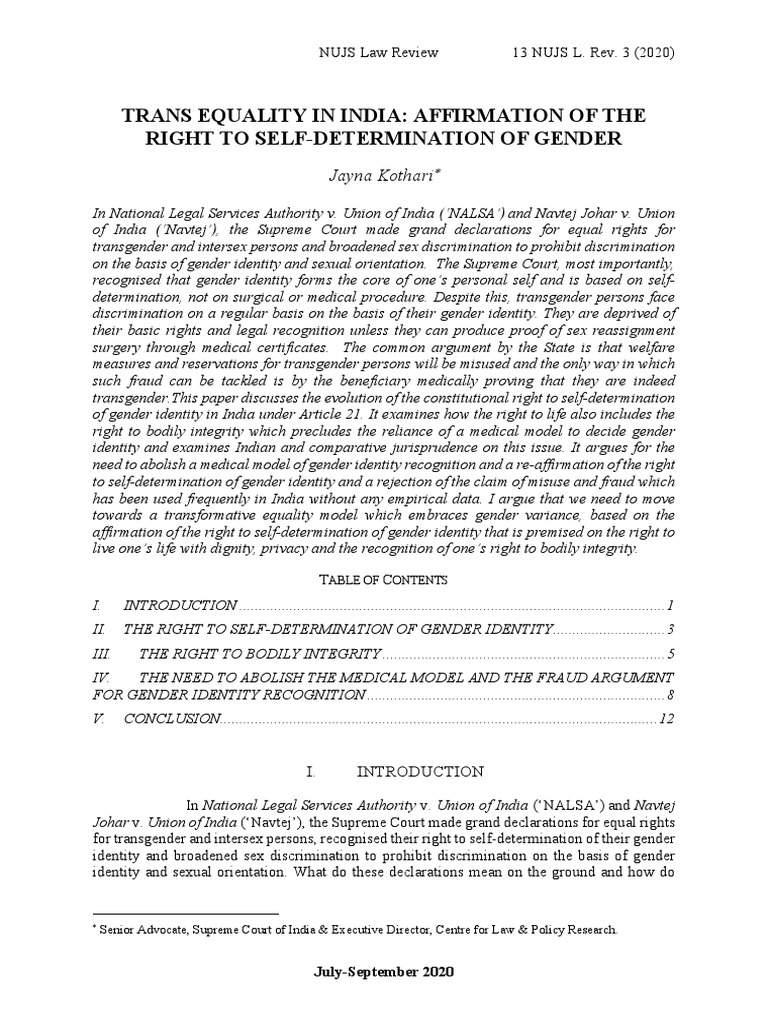 13 3 Kothari Trans Equality in India Affirmation of The Right To Self ...